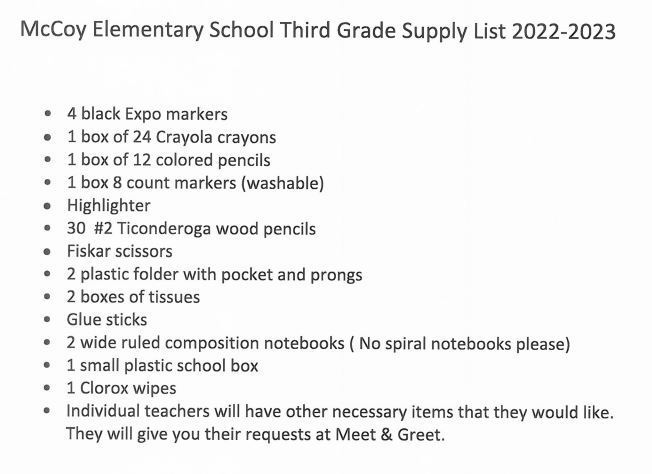 Third Grade Supply List For 2022 23 McCoy Elementary School